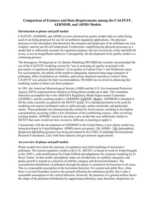 Comparison of Features and Data Requirements among the CALPUFF, AERMOD ...
