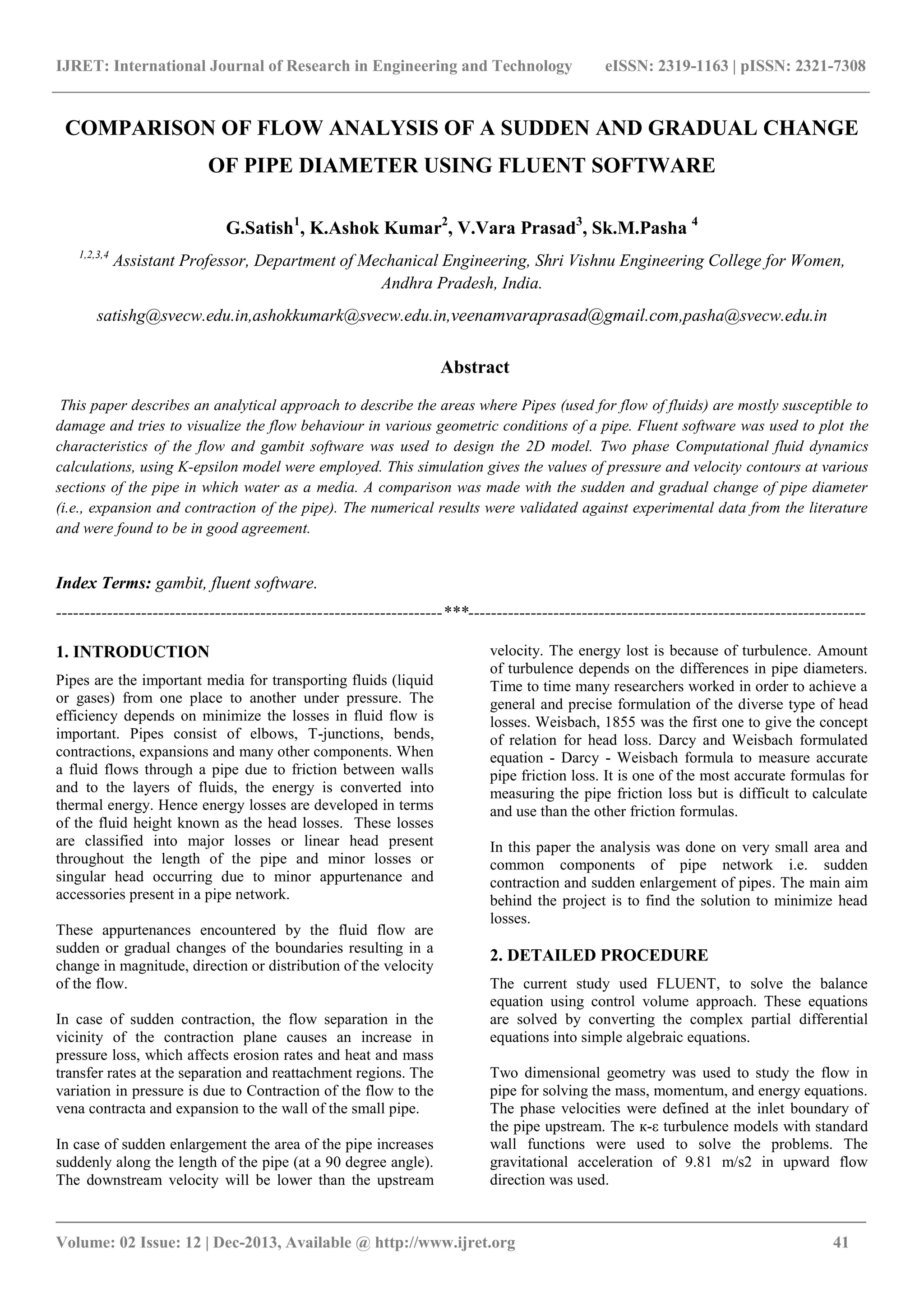 Comparison of flow analysis of a sudden and gradual change of pipe ...