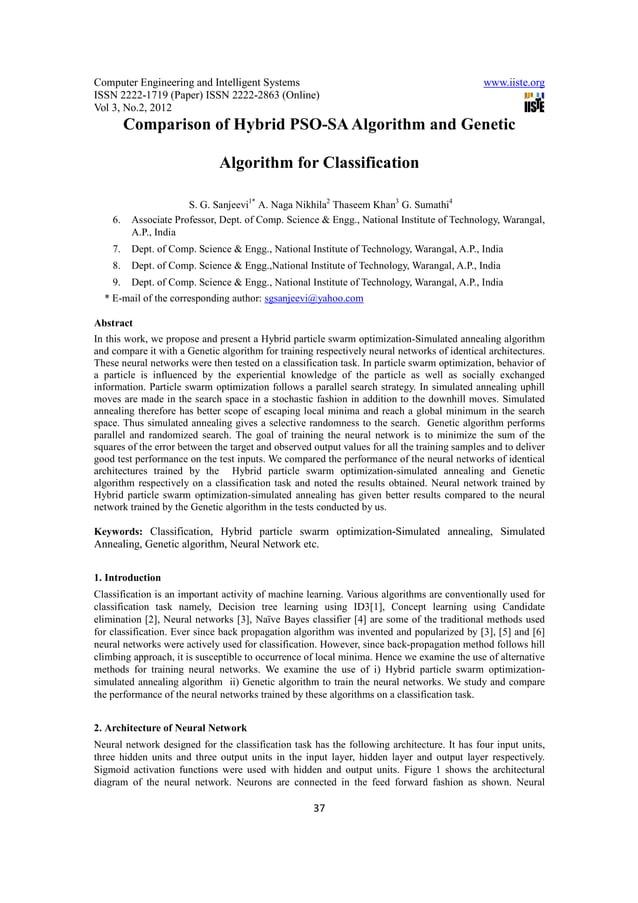 Comparison of hybrid pso sa algorithm and genetic algorithm for classification | PDF