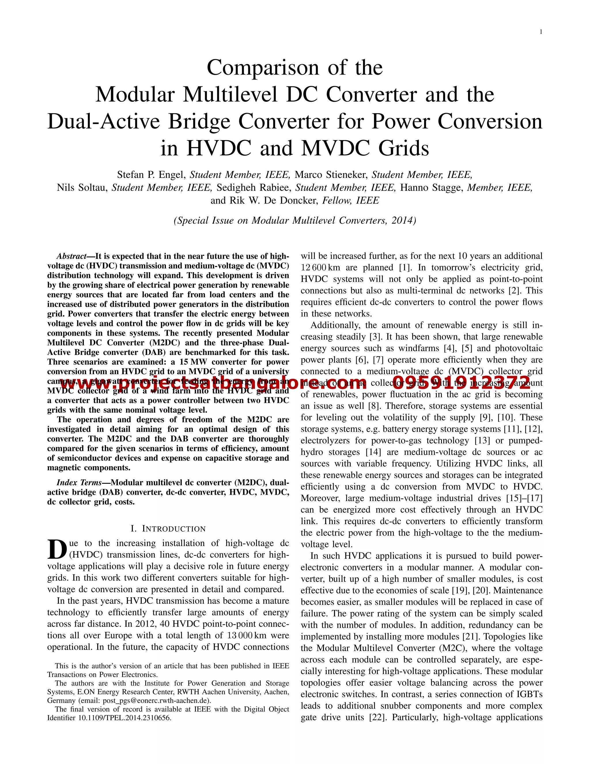 Comparison Of The Modular Multilevel Dc Converter And The Dual Active Bridge Converter For Power