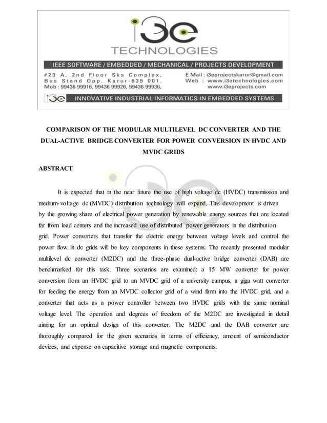 Comparison Of The Modular Multilevel Dc Converter And The Dual Active Bridge Converter For Power