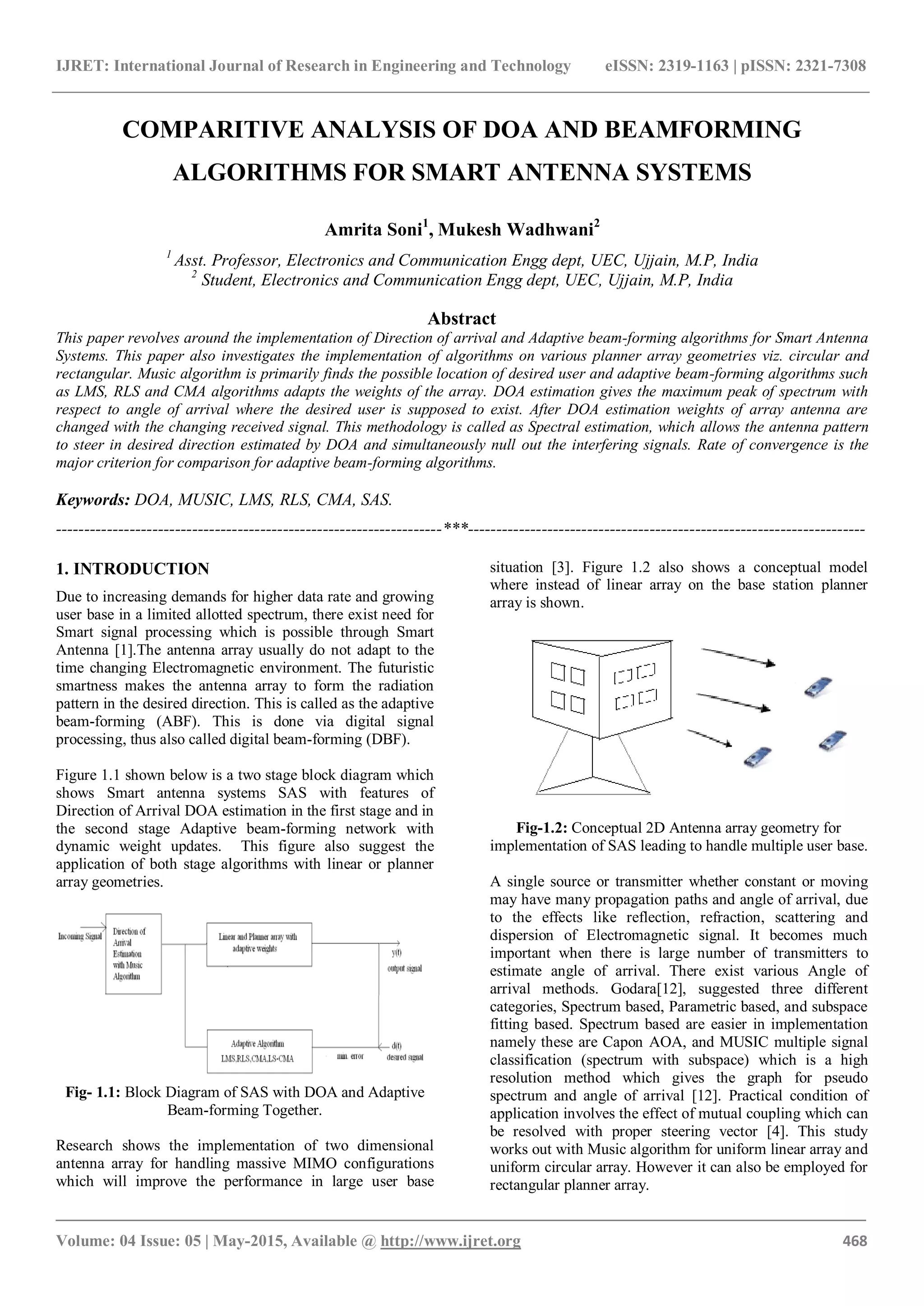 Comparitive analysis of doa and beamforming algorithms for smart antenna systems | PDF