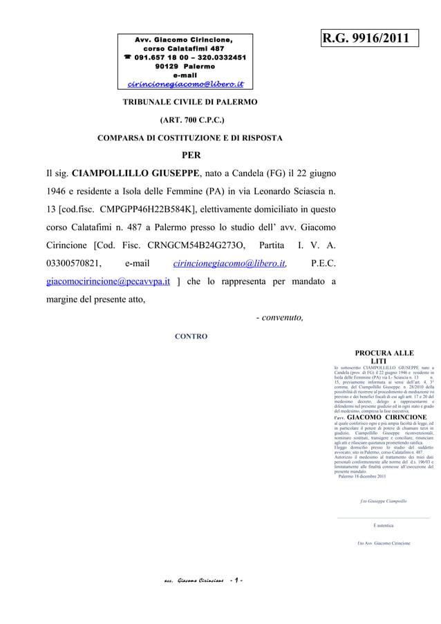 Comparsa di costituzione e di risposta procedimento 9916 2011 | DOC
