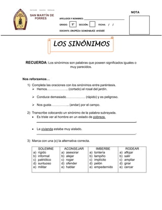 los sinónimos 5to primaria | PDF