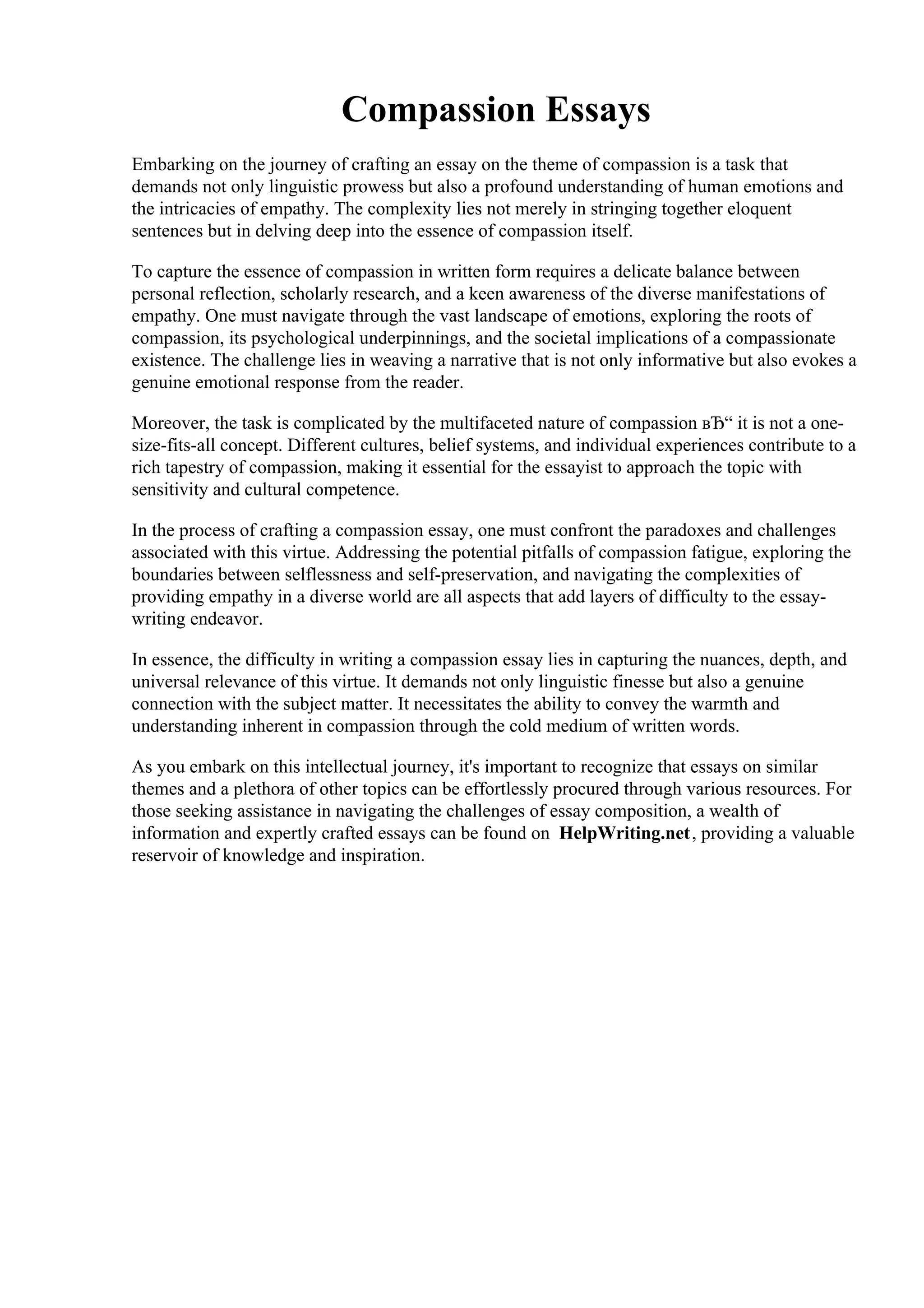 Compassion Essays. The Essence of Kindness and Compassion Essay Example Topics and Well ... | PDF