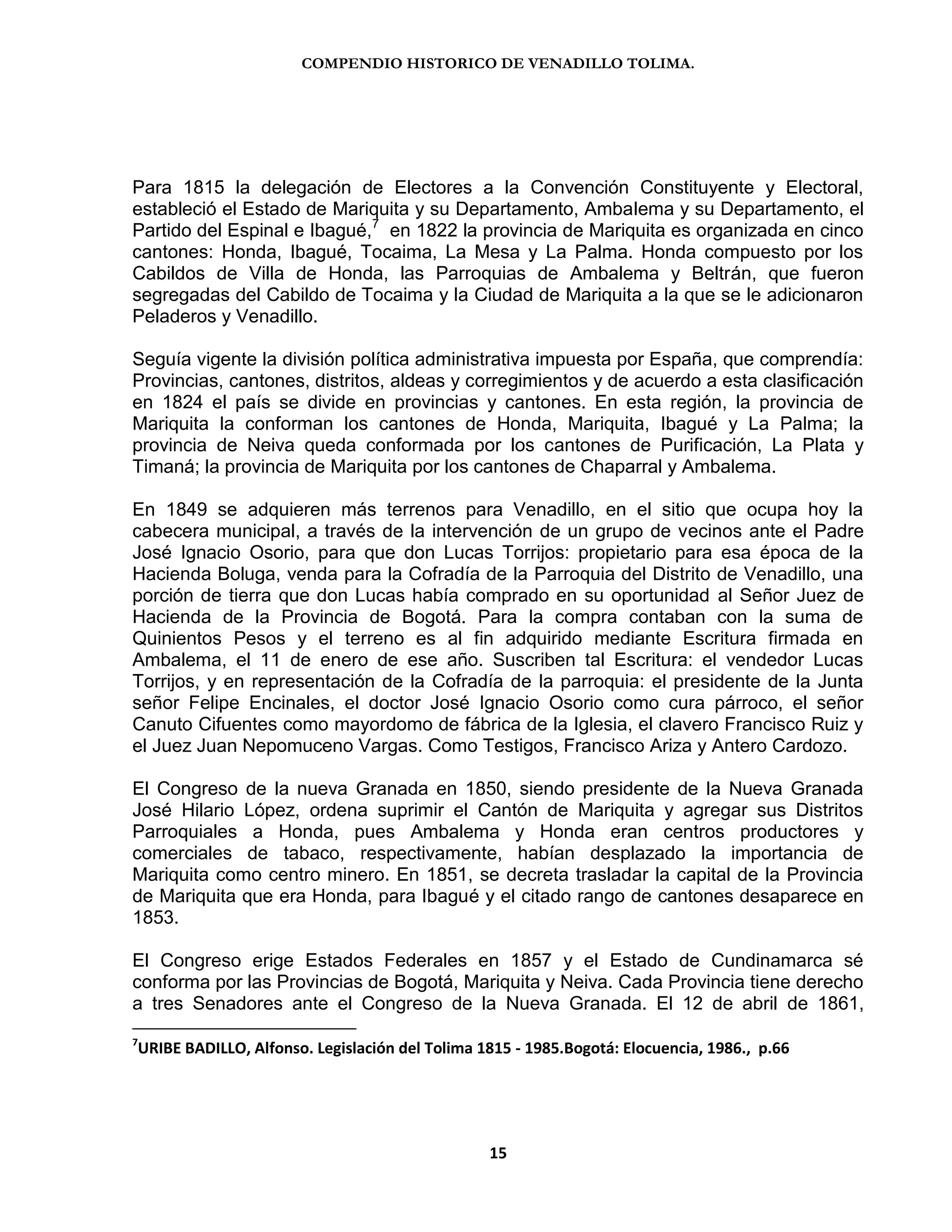 COMPENDIO HISTÓRICO DEL MUNICIPIO DE VENADILLO TOLIMA | PDF