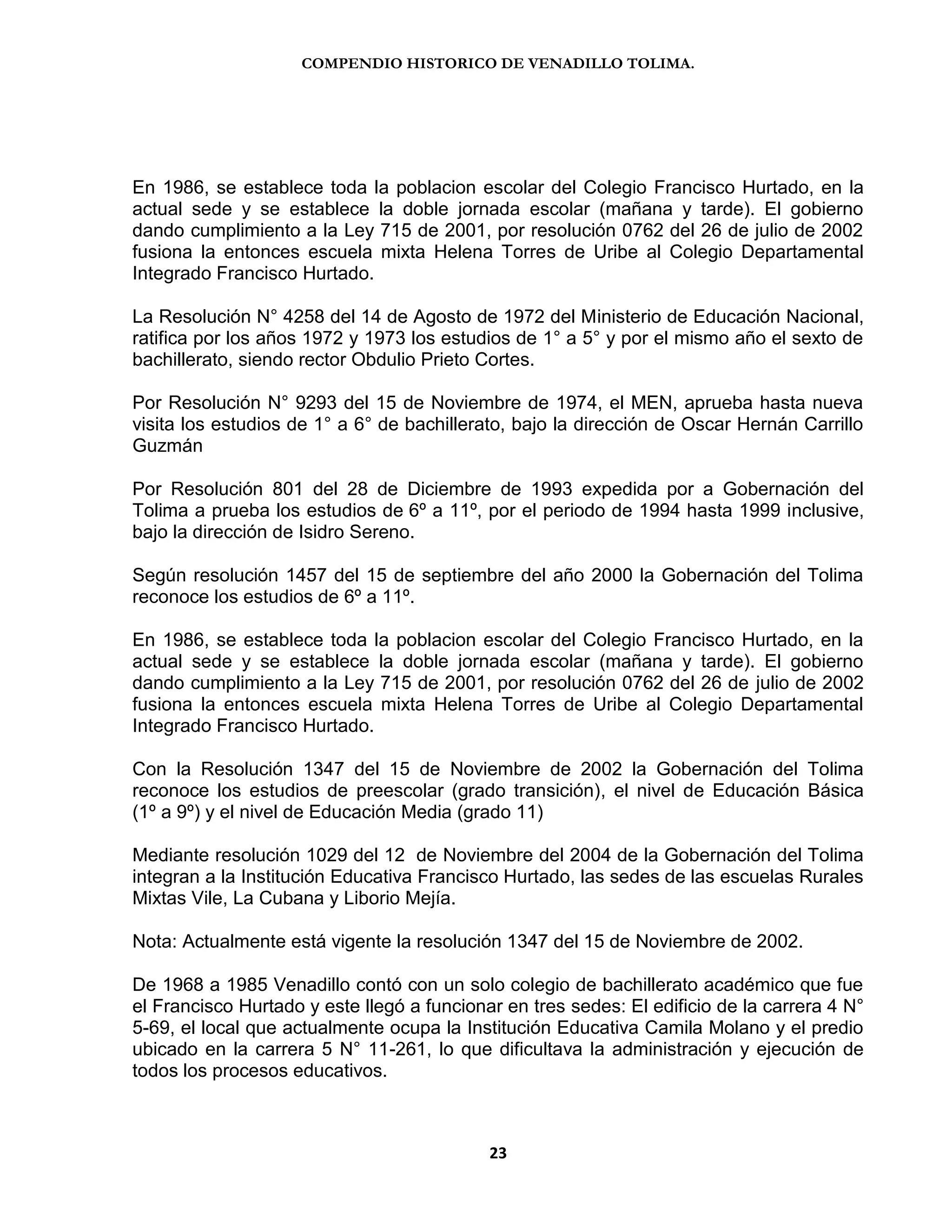 COMPENDIO HISTÓRICO DEL MUNICIPIO DE VENADILLO TOLIMA | PDF