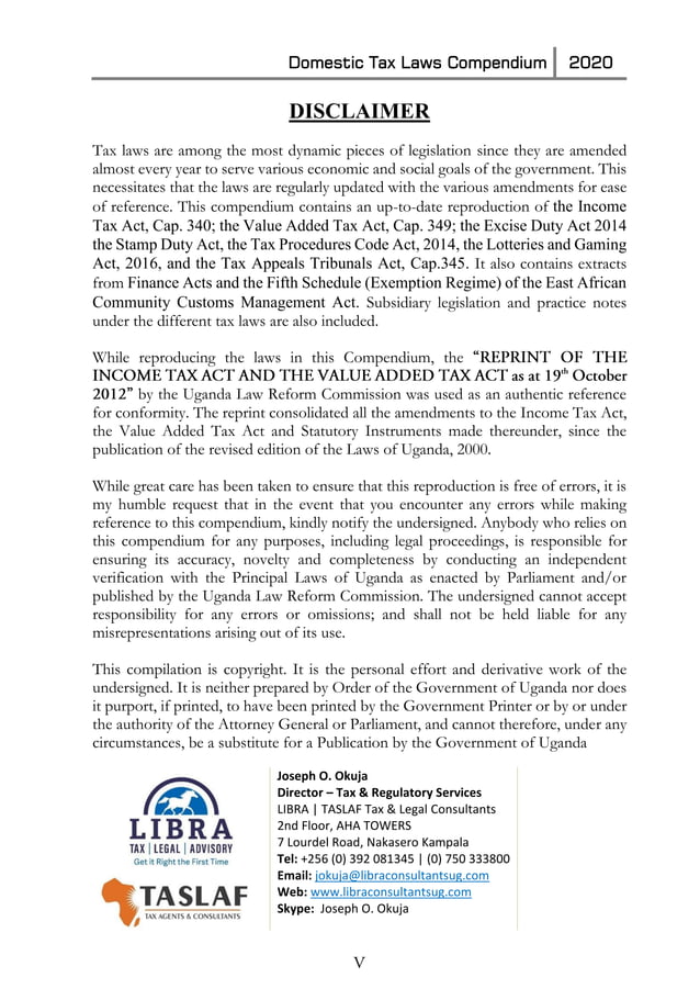 COMPENDIUM OF UGANDA'S DOMESTIC TAX LAWS - 2020 HYBRID EDITION | PDF