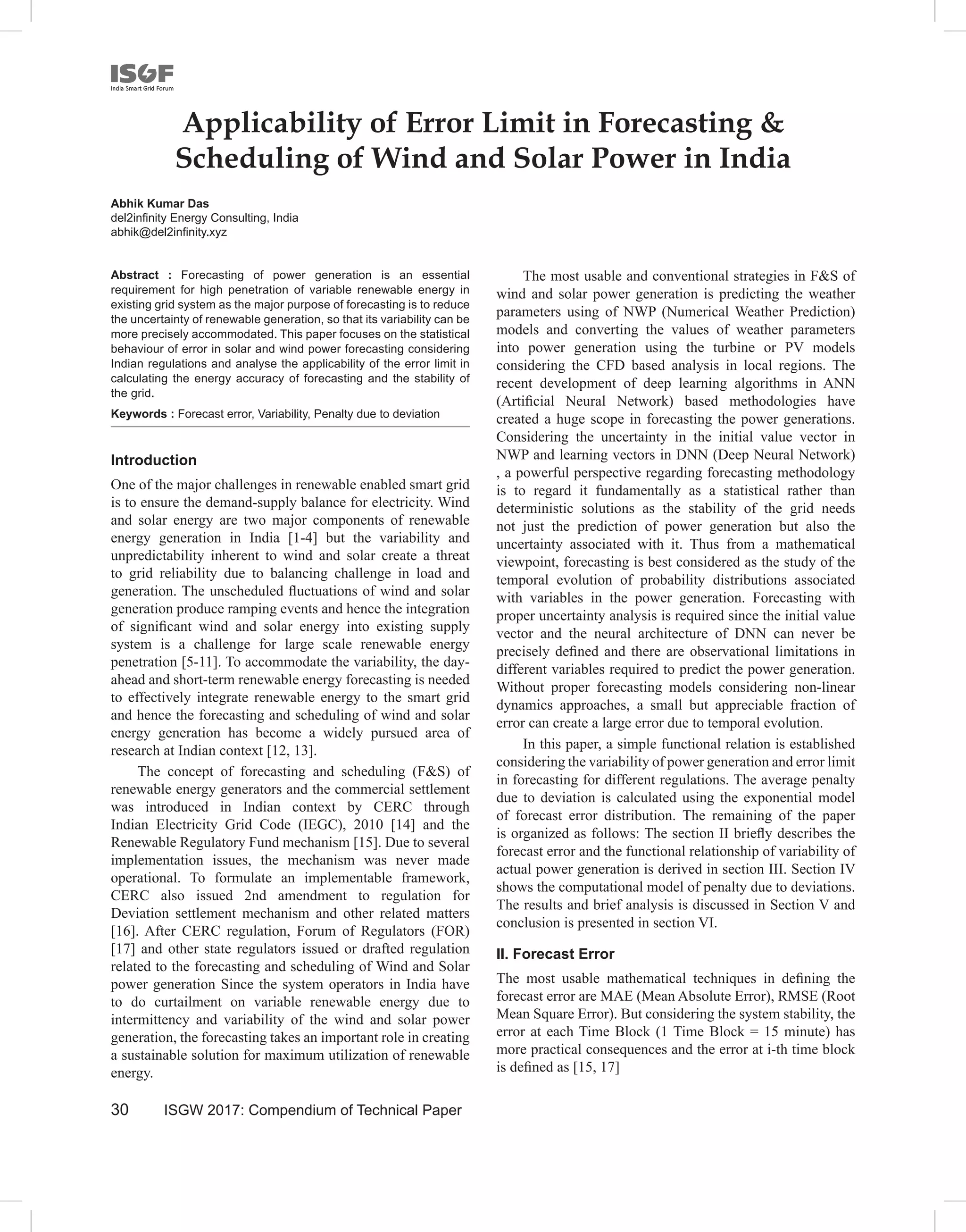 Applicability Of Error Limit In Forecasting And Scheduling Of Wind And Solar Power In India Pdf