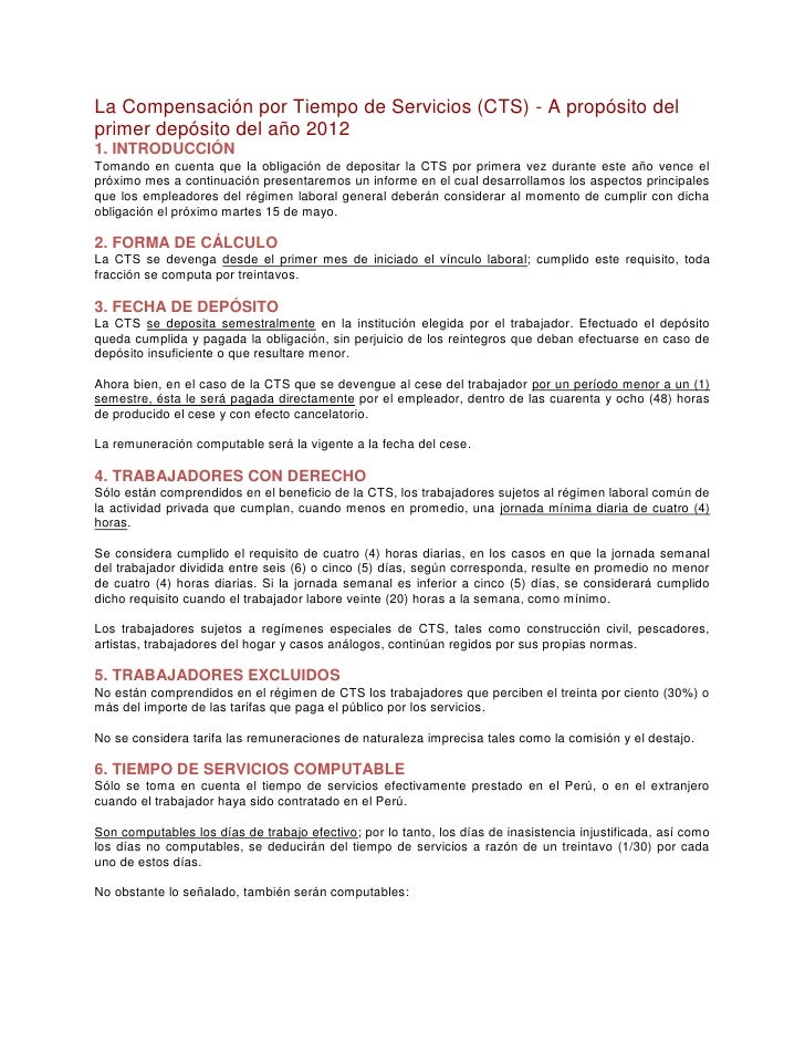 Compensación Por Tiempo De Servicios Cts 2012