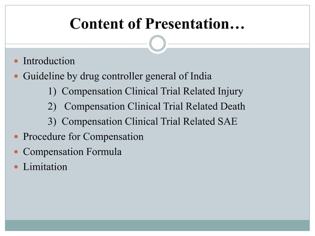 Compensation in clinical trial | PPTX | Injuries | Diseases and Conditions