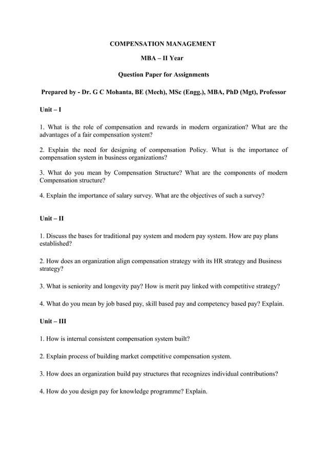 Compensation management Question paper for assignments | DOC