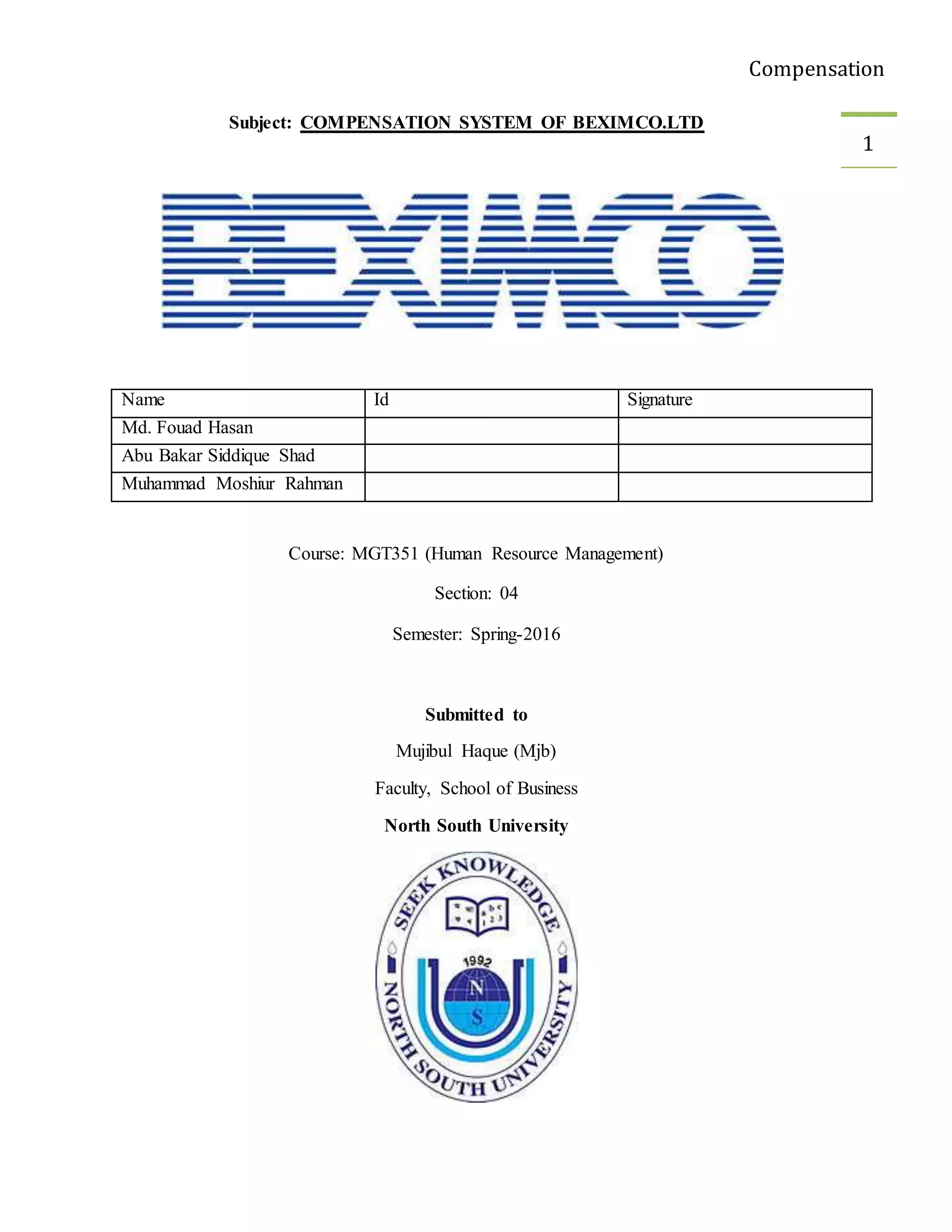 Compensation system of BEXIMCO ltd. | DOCX
