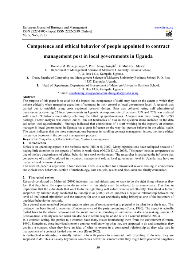 Competence and ethical behavior of people appointed to contract ...