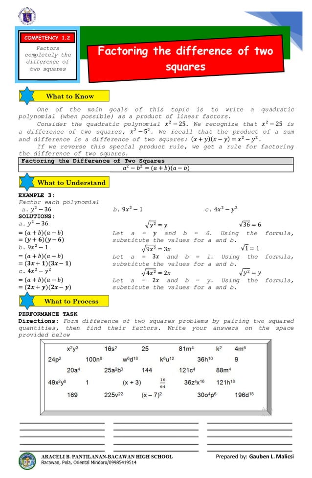 Factoring the difference of two squares | DOCX | Educational Assessment ...