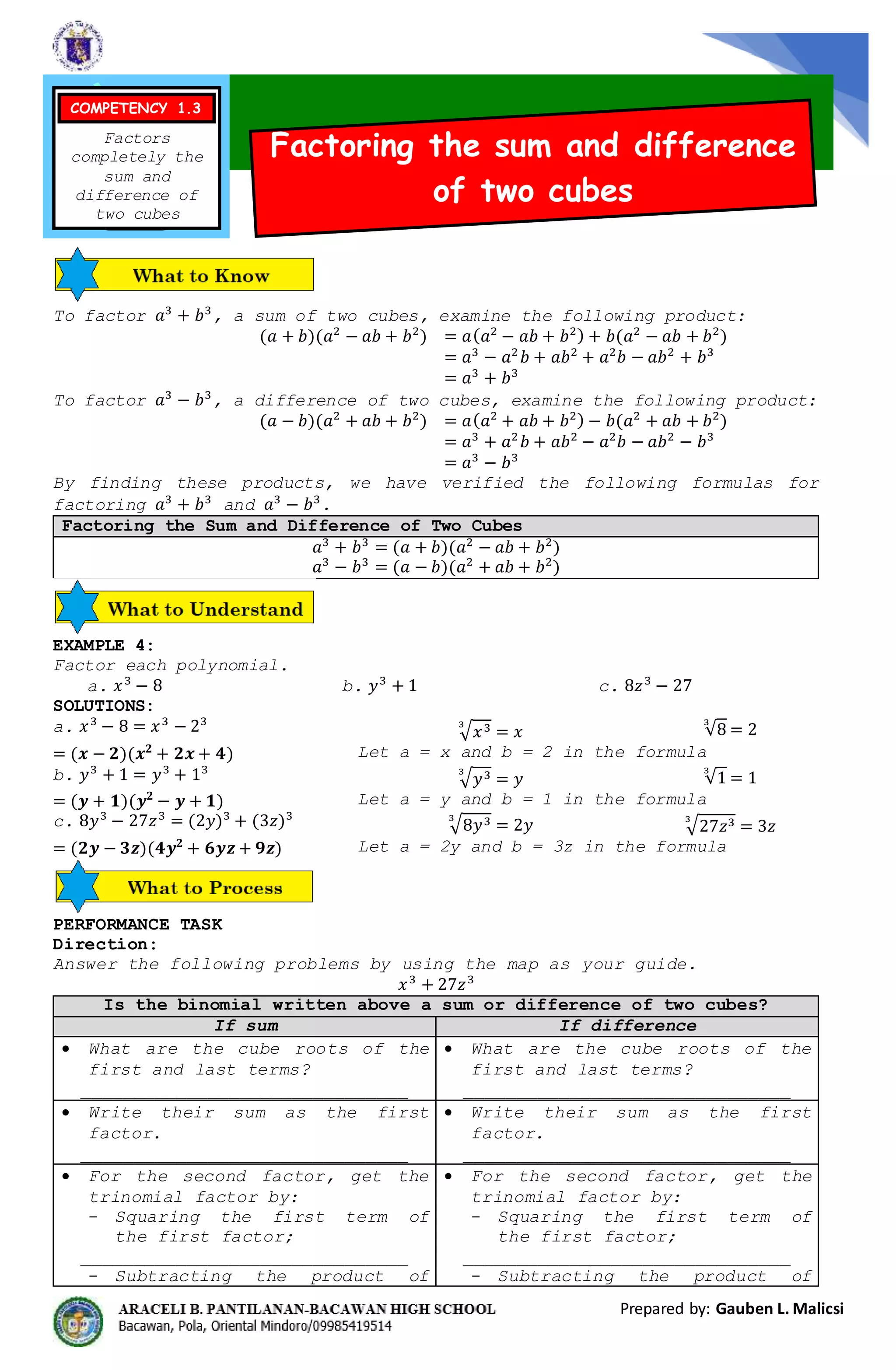 Factoring the sum and difference of two cubes | PDF