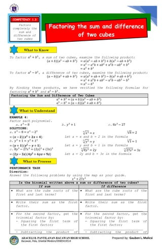 Factoring the sum and difference of two cubes | PDF