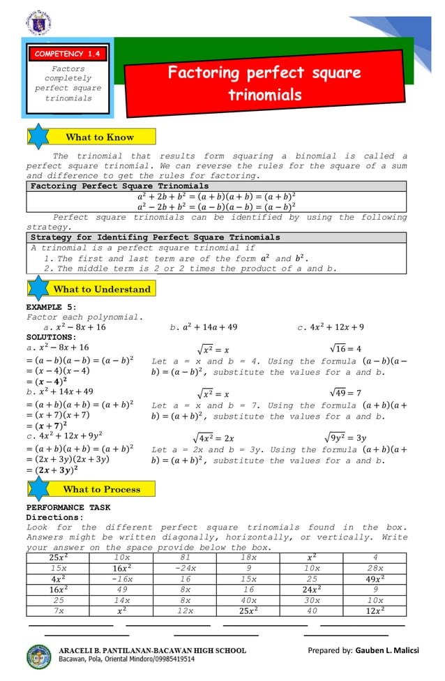 Factoring perfect square trinomials | PDF