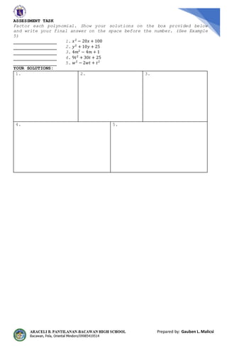 Factoring perfect square trinomials | PDF