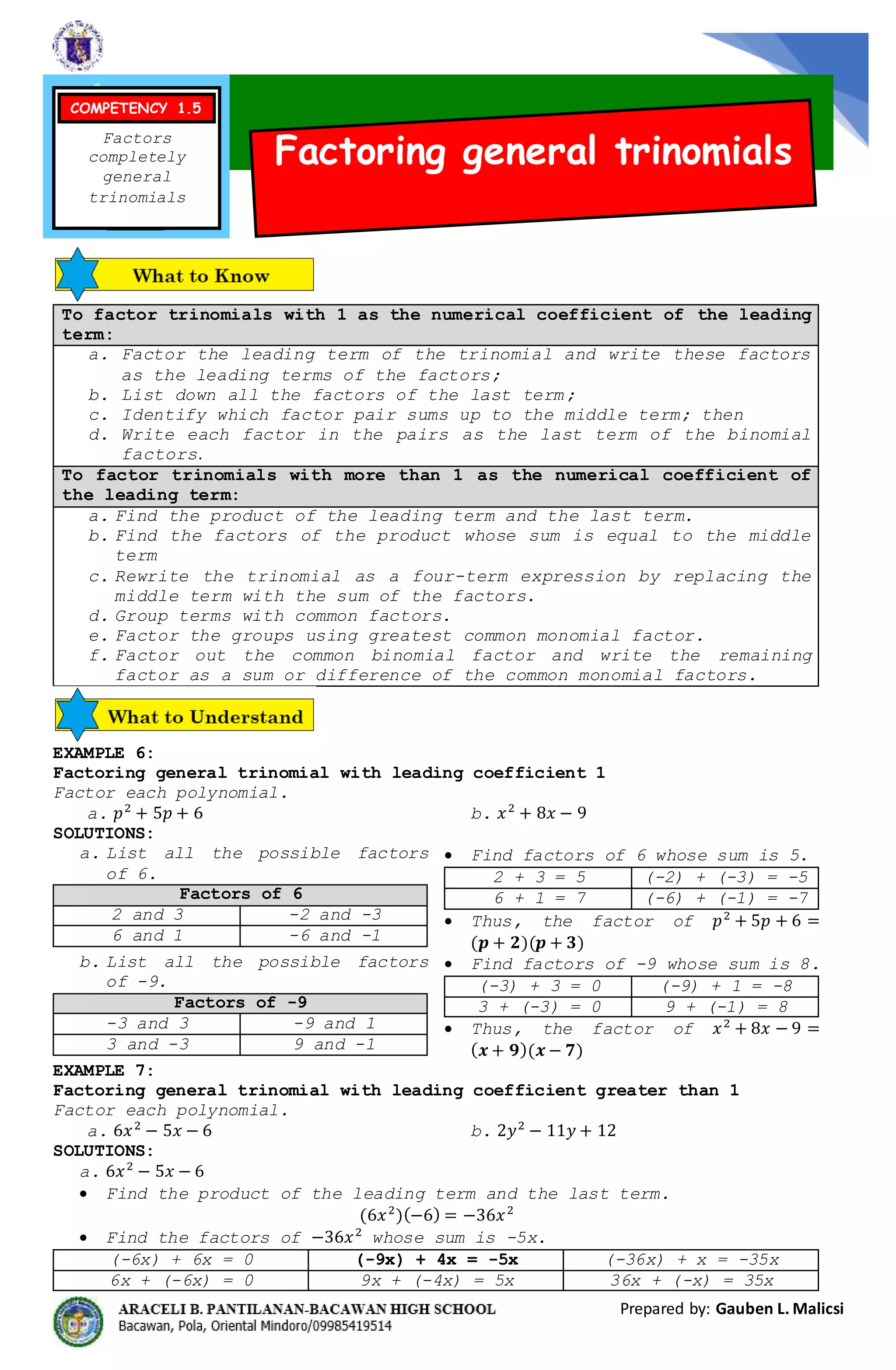 Factoring general trinomials | DOCX