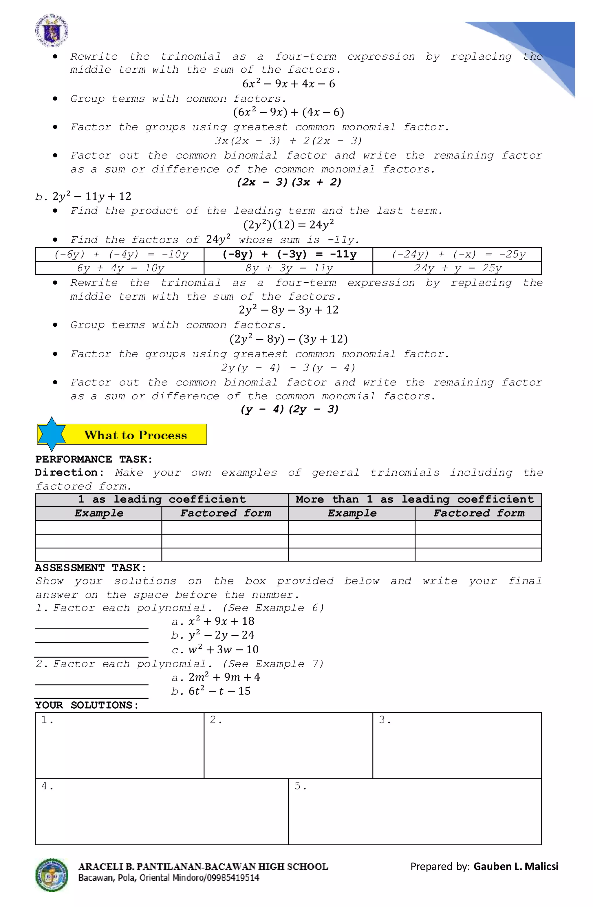 Factoring general trinomials | DOCX