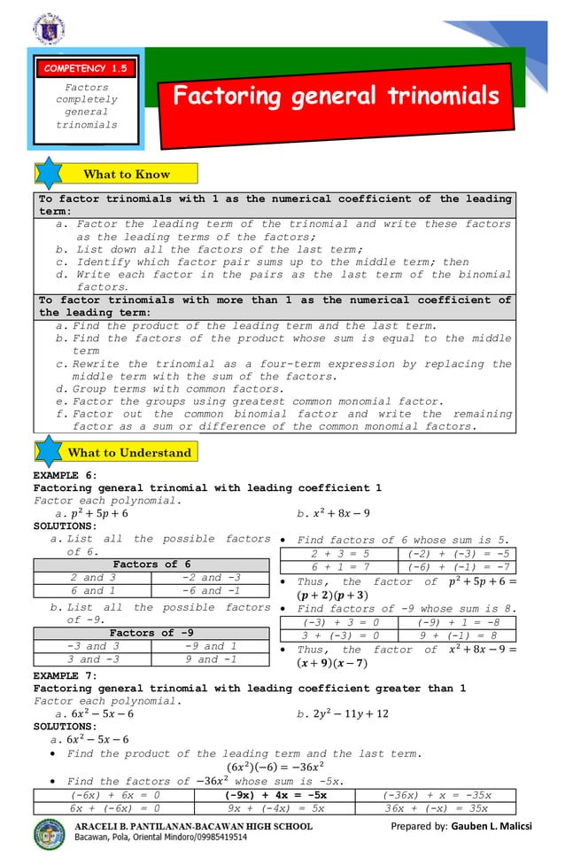 Factoring general trinomials | DOCX | Homework and Study | Education