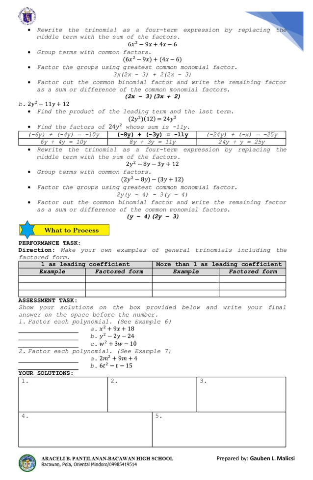 Factoring general trinomials | DOCX | Homework and Study | Education