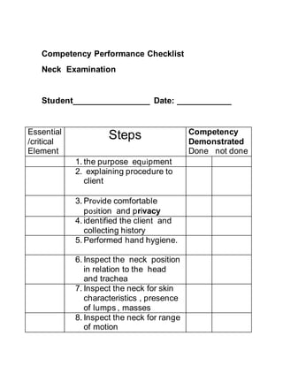 Competency performance checklist neck examination | DOCX