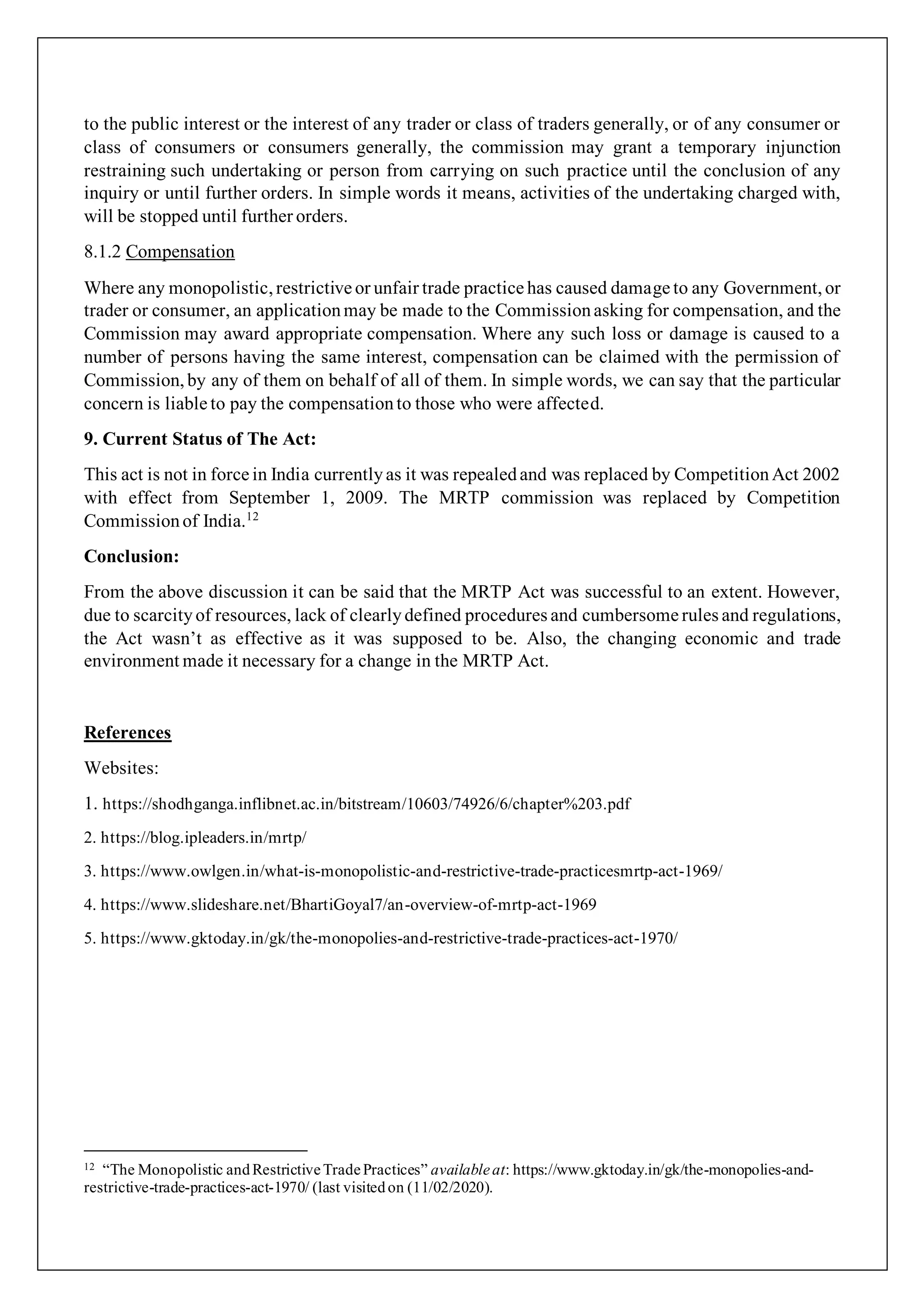 An overview of MRTP Act, 1969. | PDF