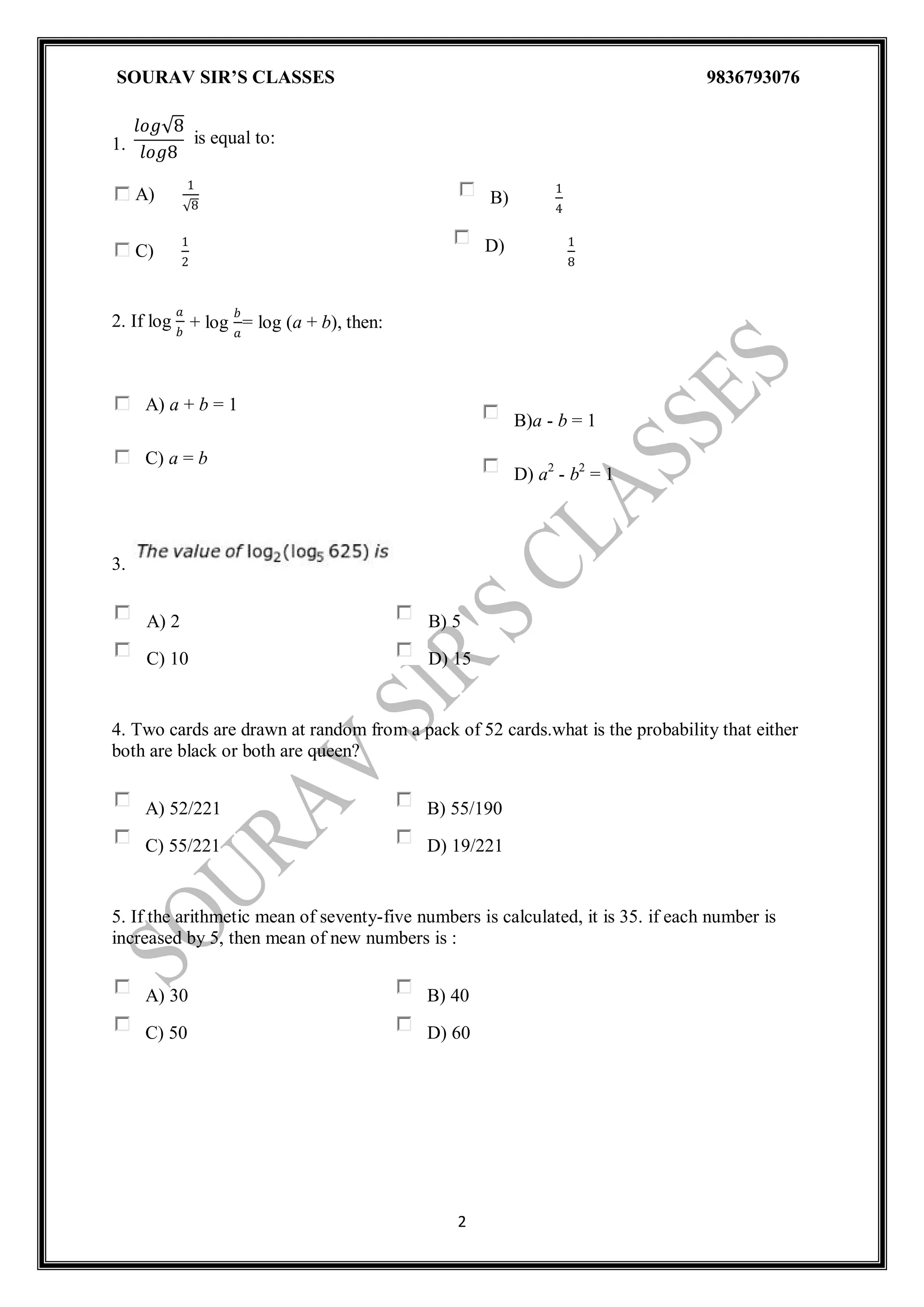 Competitive mathematics ques paper BY SOURAV SIR'S CLASSES | PDF