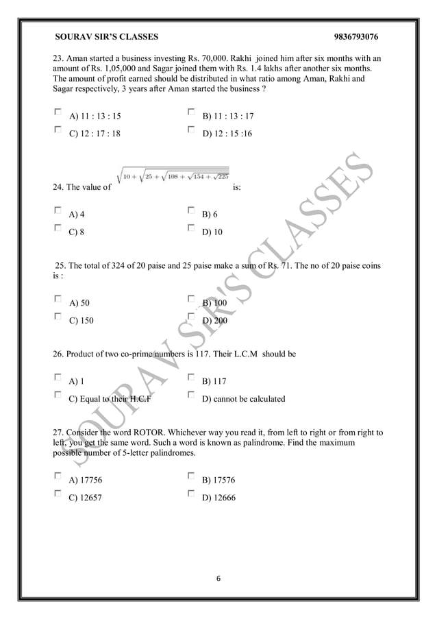 Competitive mathematics ques paper BY SOURAV SIR'S CLASSES | PDF