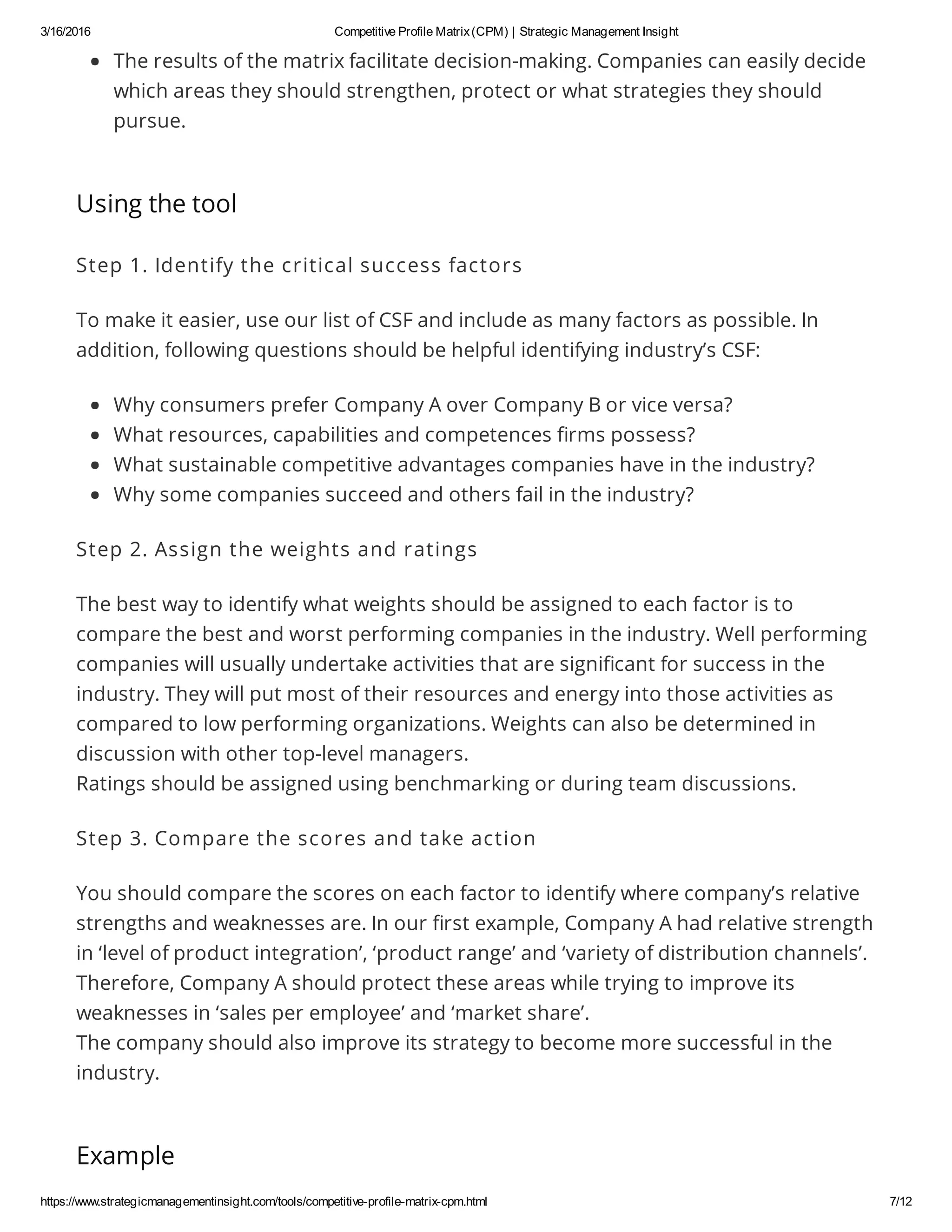 Competitive profile matrix (cpm) strategic management insight | PDF
