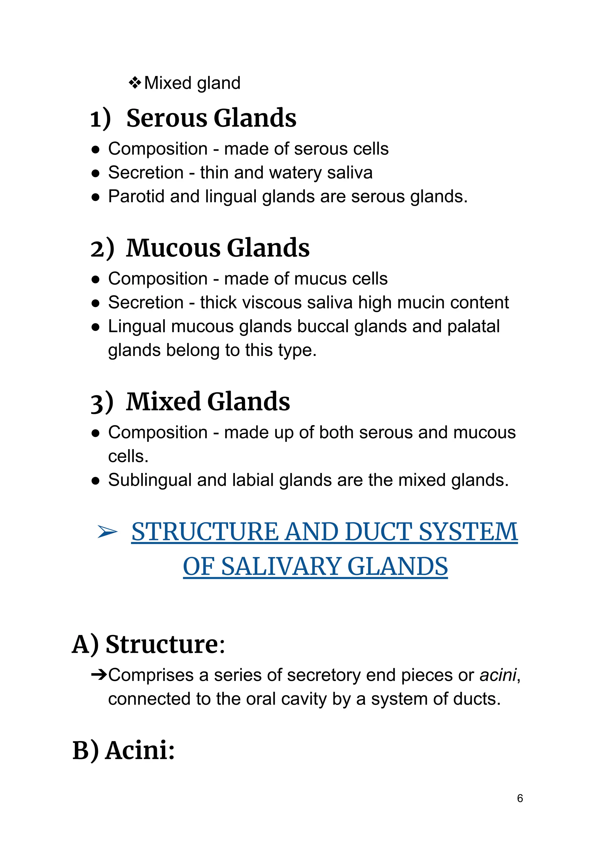 Salivary glands: Introduction, Types of salivary glands, Structure and ...