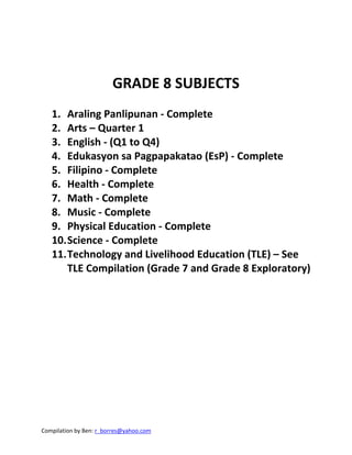 Compilation of Learning Modules in Grade 8 (K to 12 Education System in the Philippines) | PDF