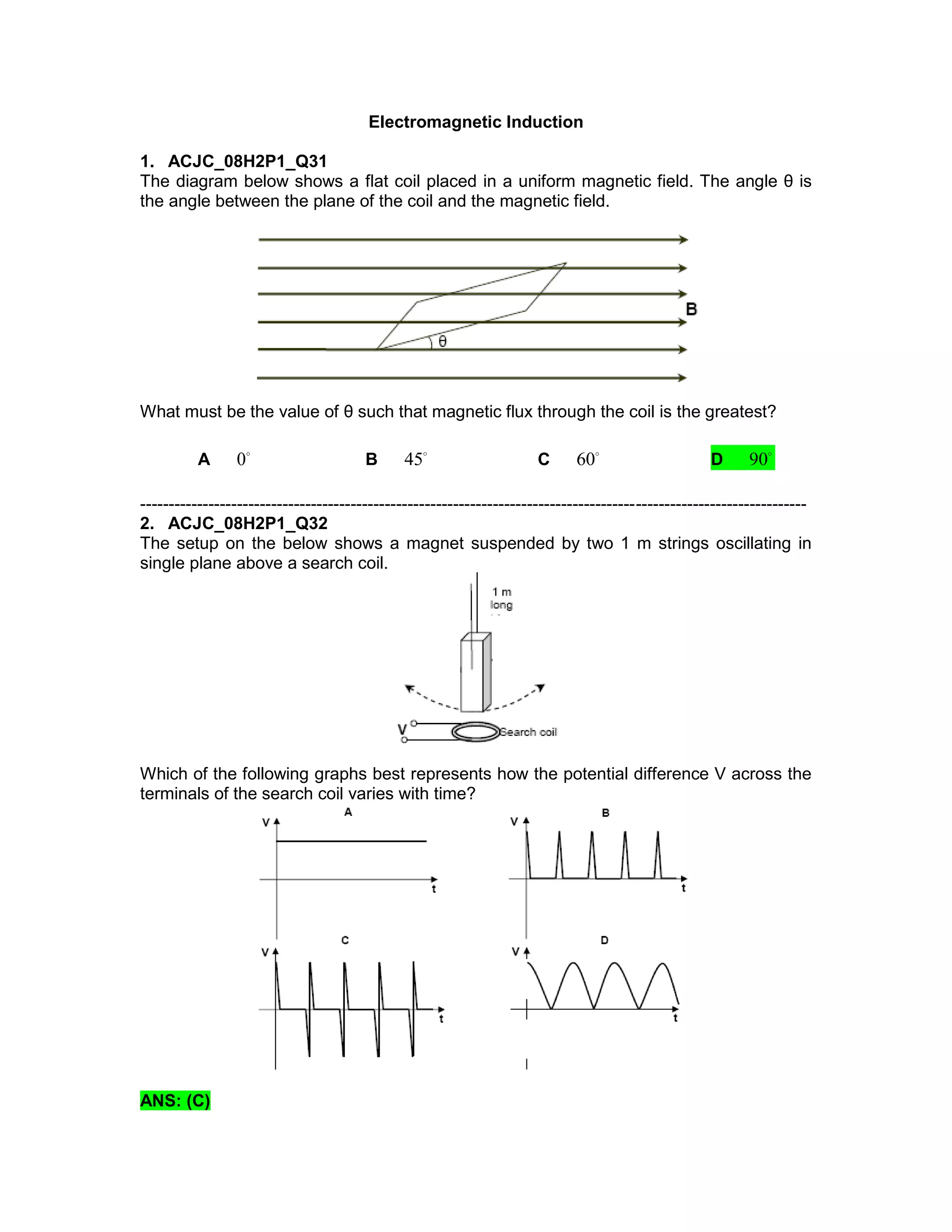 J2 Physics 2008 Prelim Electromagnetic Induction Questions Ans For