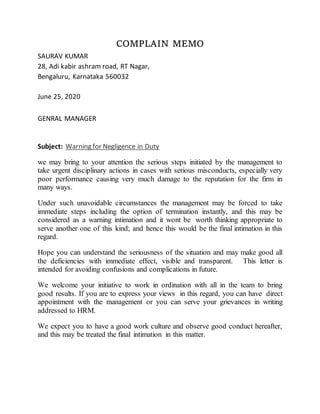 COMPLAIN MEMO FORMAT | DOCX