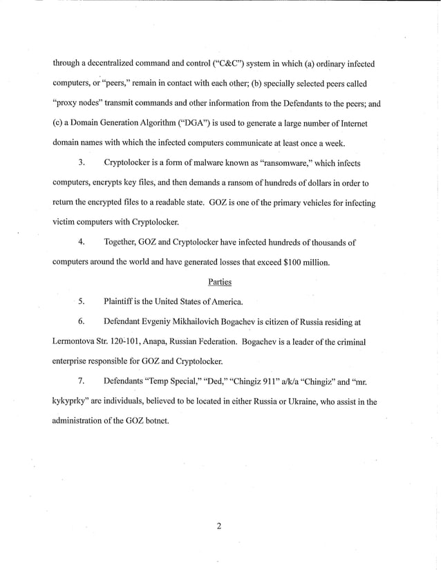 FBI takedown of Gameover Zeus (GOZ) Botnet --- Original complaint
