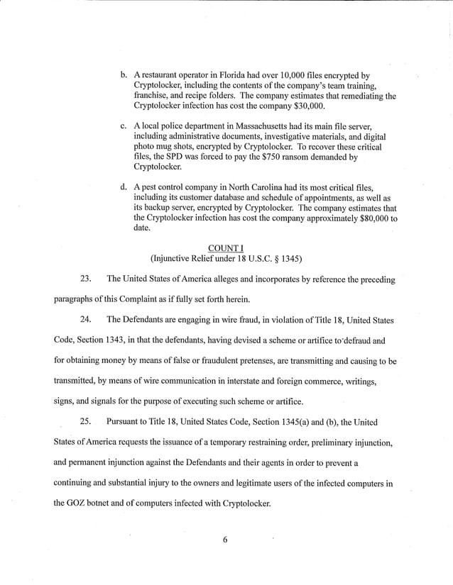 FBI takedown of Gameover Zeus (GOZ) Botnet --- Original complaint