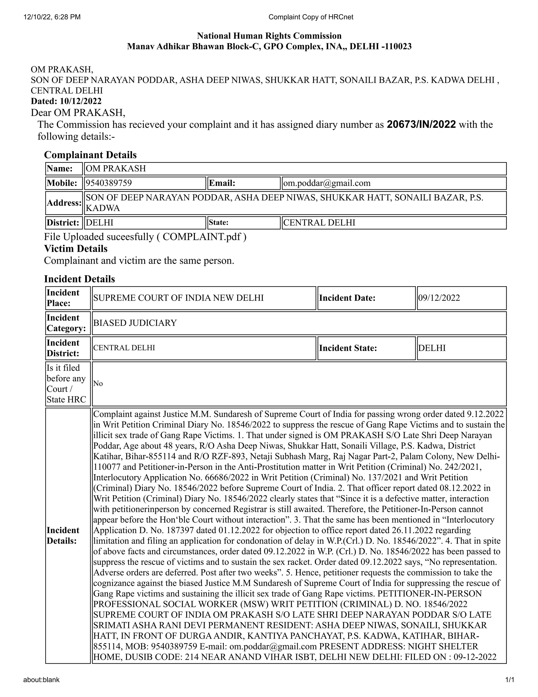 Complaint dated 09.12.2022 against Justice M.M.Sundaresh of SC to NHRC.pdf