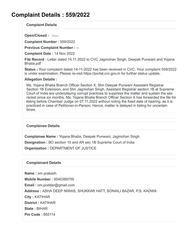 Complaint dated 14.11.2022 against Corrupt Supreme Court Employee Yojana Bhatia to CVC.pdf