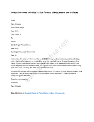Complaint Letter to Police Station for Loss of Documents | DOCX