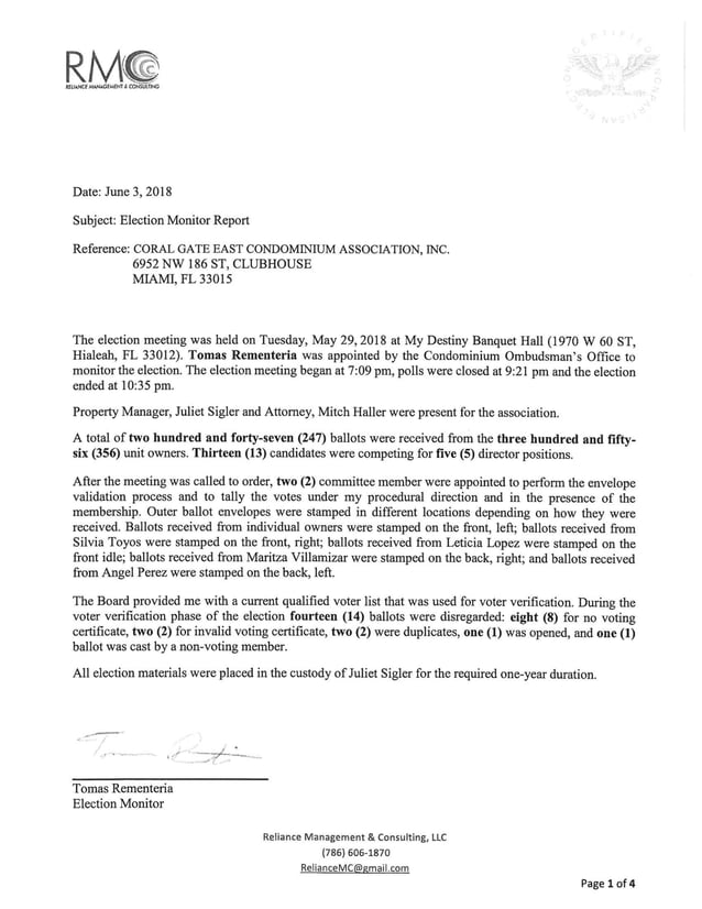 Coral Gate East Condo Complaint on Monitor Tom Rementeria to DBPR ...