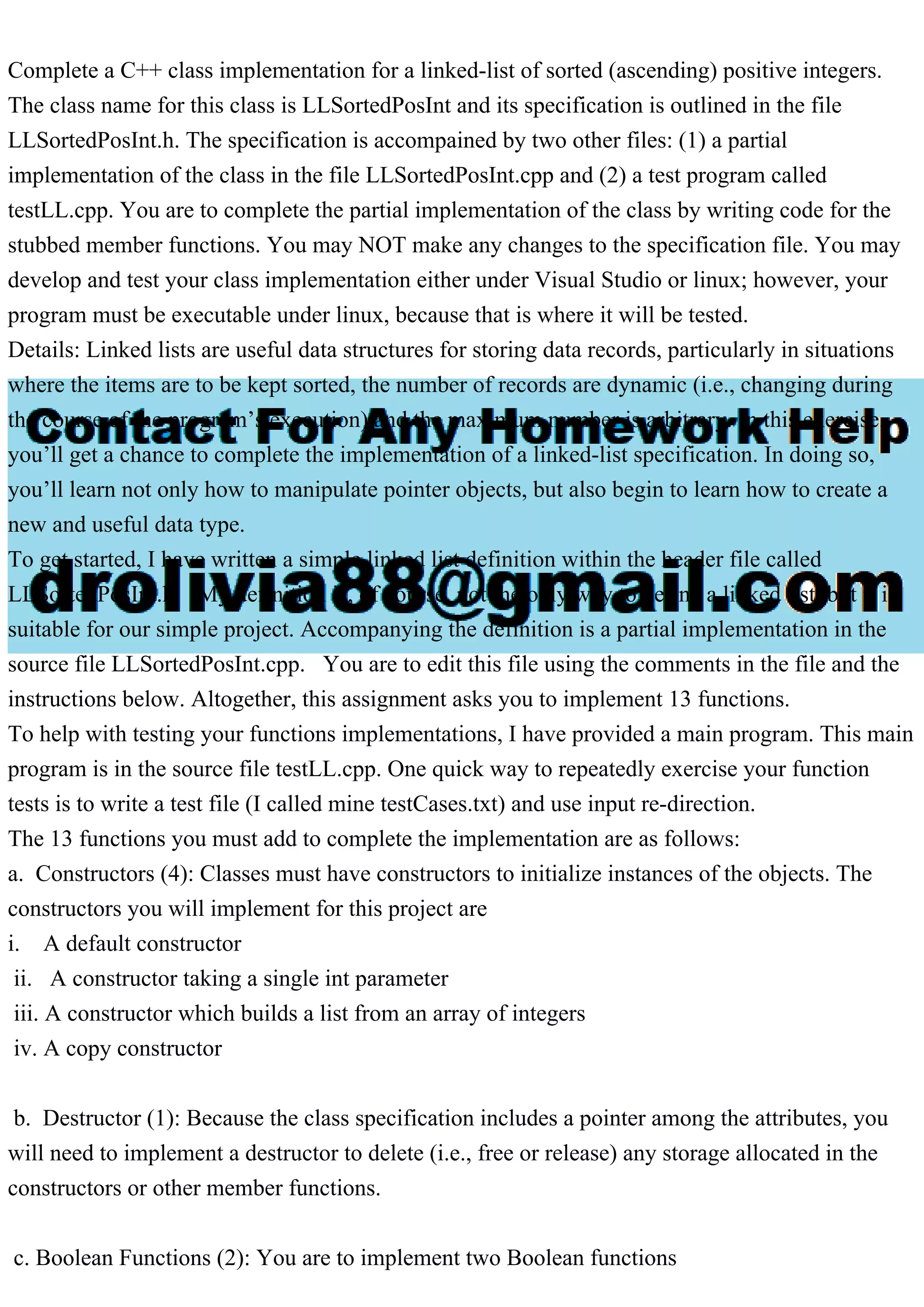 Complete a C++ class implementation for a linked-list of sorted (asc.pdf