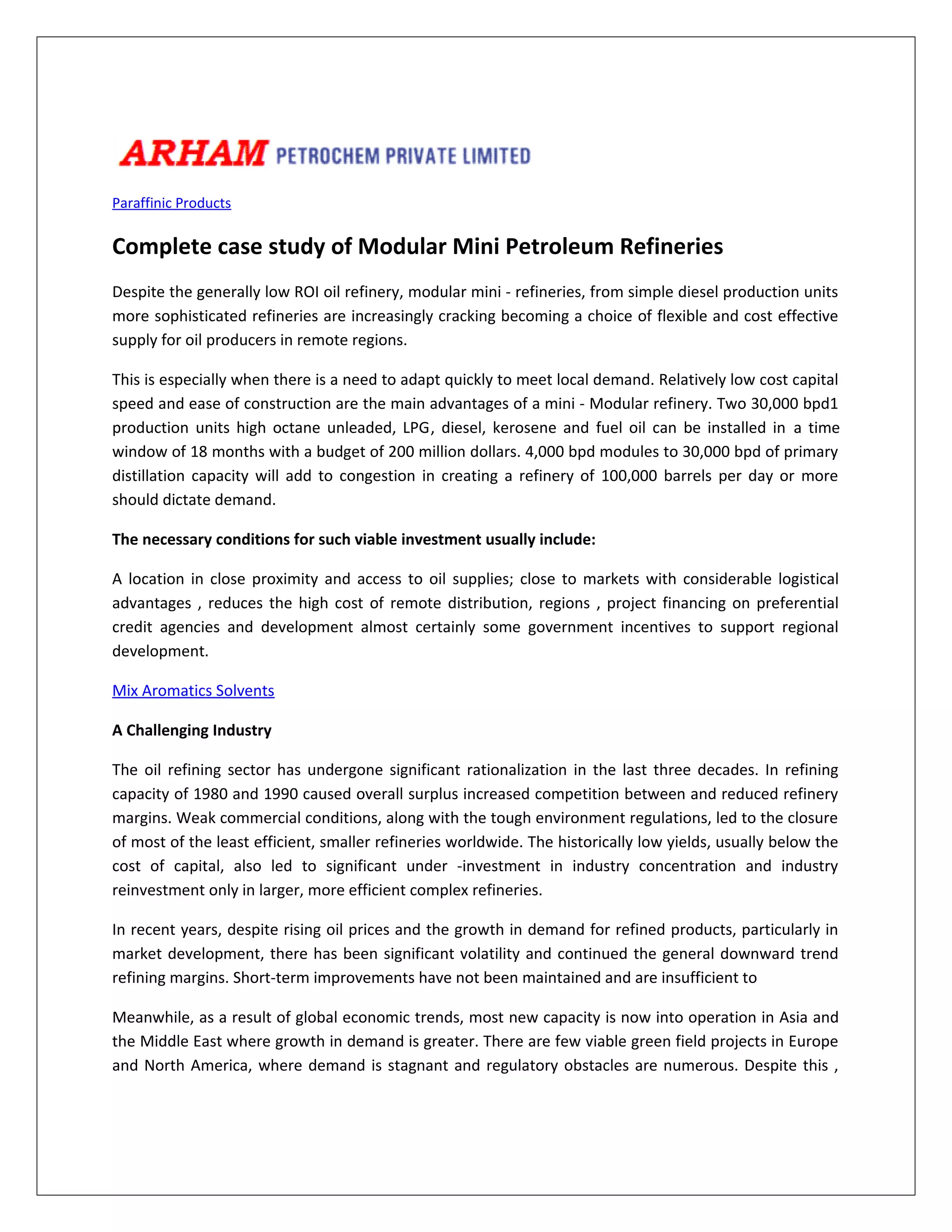 Complete case study of Modular Mini Petroleum Refineries | DOC