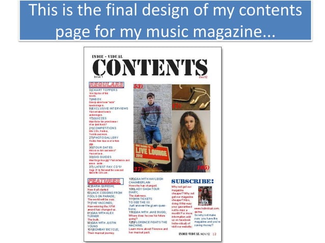 Completed production of music magazine contents page | PPT
