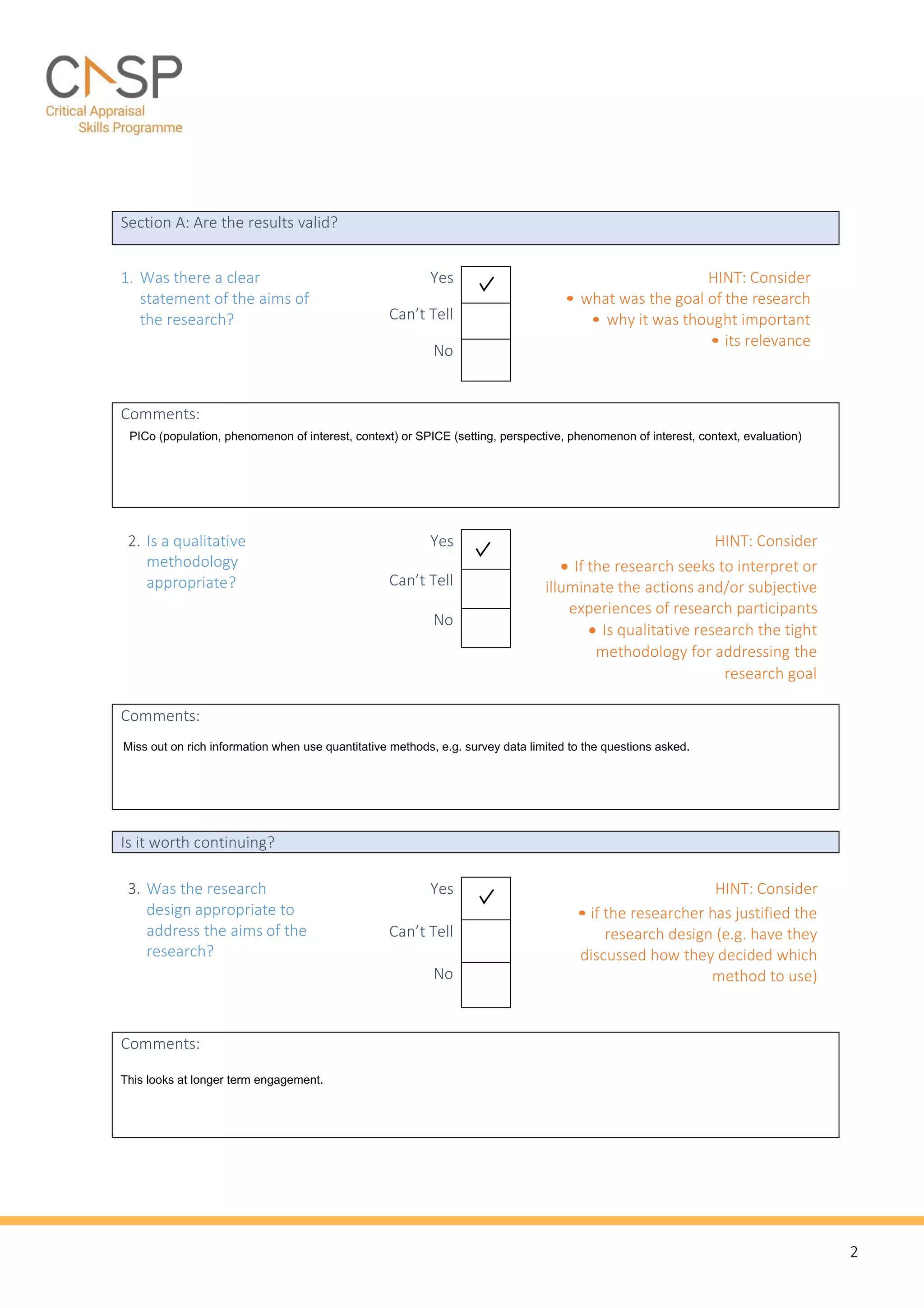 CASP Tool for Qualitative Studies (Sample Answers - September 19 and 27 ...