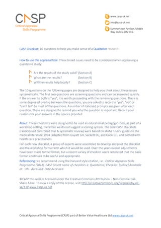 CASP Tool for Qualitative Studies (Sample Answers - September 19 and 27, 2018 webinars) | PDF