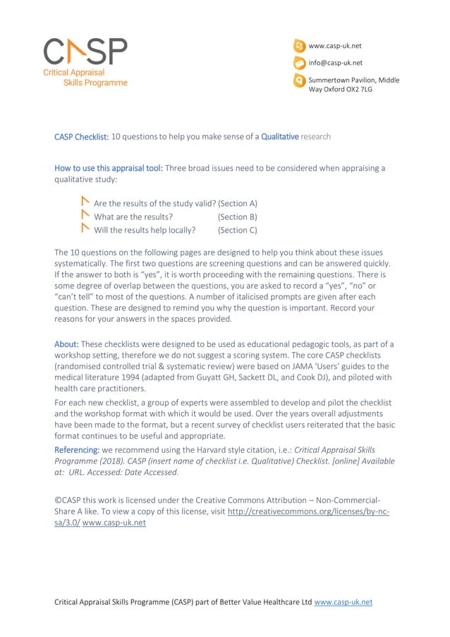 CASP Tool for Qualitative Studies (Sample Answers - September 19 and 27 ...
