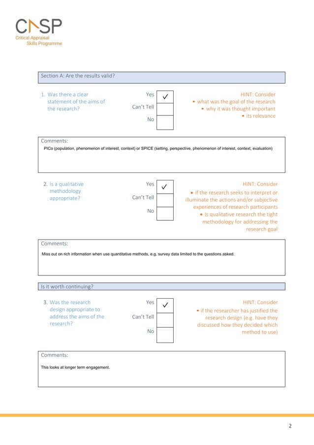 CASP Tool for Qualitative Studies (Sample Answers - September 19 and 27 ...