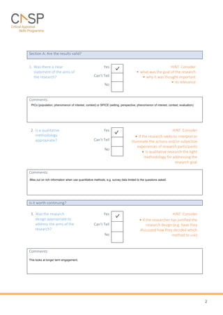 CASP Tool for Qualitative Studies (Sample Answers - September 19 and